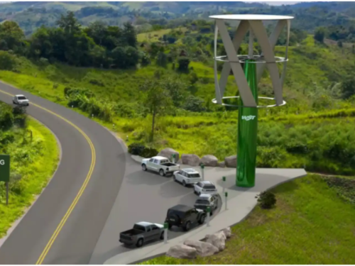 A wind and solar power tower revolutionises electric vehicle recharging